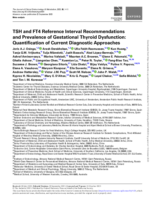 (PDF) TSH and FT4 Reference Interval Recommendations and Prevalence of Gestational Thyroid ...