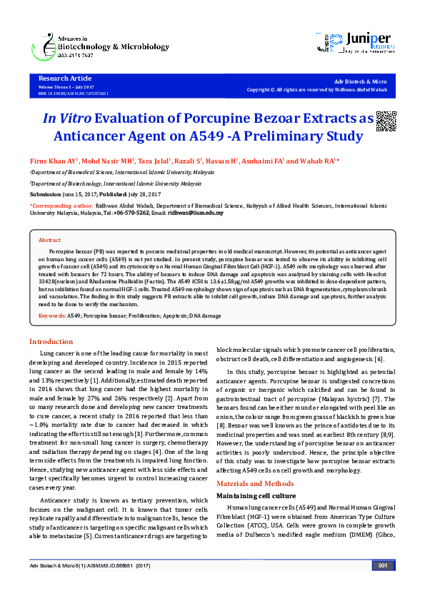 (PDF) In Vitro Evaluation of Porcupine Bezoar Extracts as Anticancer Agent on A549 -A ...