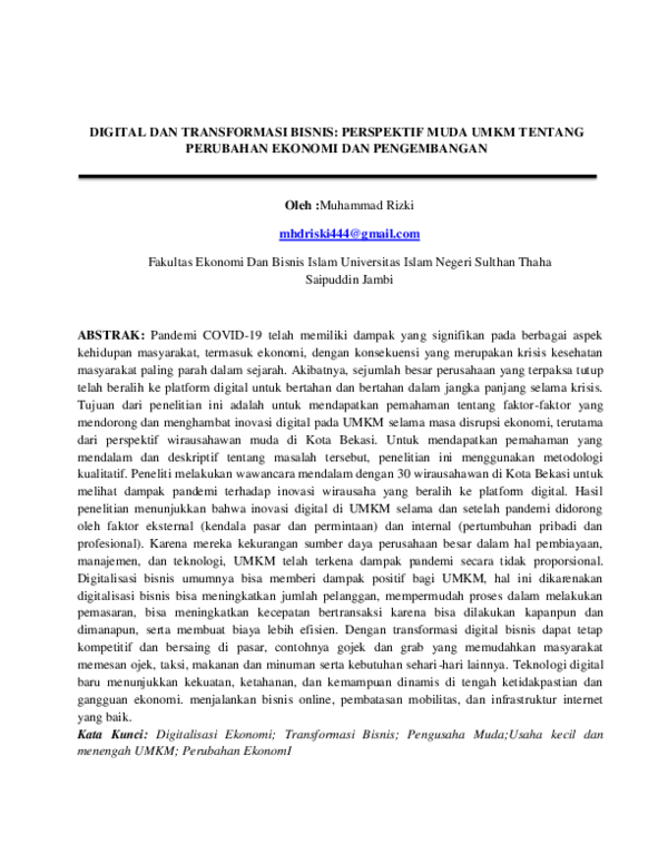 (PDF) DIGITAL DAN TRANSFORMASI BISNIS: PERSPEKTIF MUDA UMKM TENTANG PERUBAHAN EKONOMI DAN ...