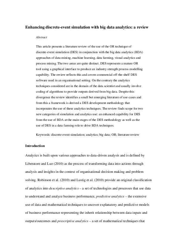 (PDF) Enhancing discrete-event simulation with big data analytics: A review
