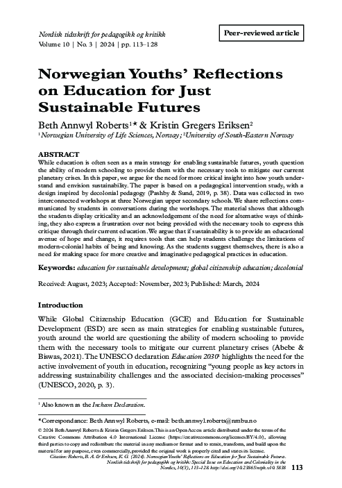 (PDF) Norwegian Youths’ Reflections on Education for Just Sustainable ...