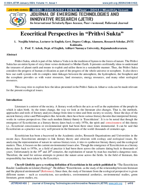 (PDF) Ecocritical Perspectives in "Prithvi Sukta"