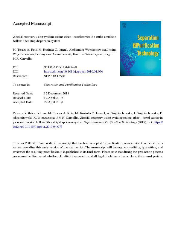 (PDF) Zinc(II) recovery using pyridine oxime-ether – Novel carrier in ...