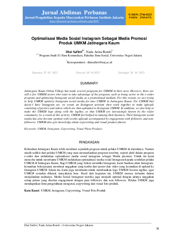 (PDF) Optimalisasi Media Sosial Instagram Sebagai Media Promosi Produk UMKM Jatinegara Kaum