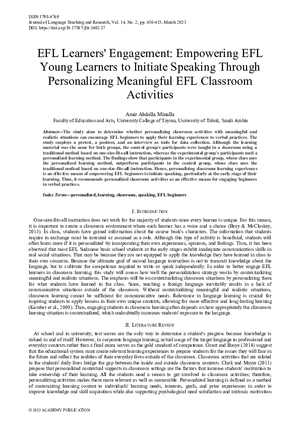 (PDF) EFL Learners' Engagement: Empowering EFL Young Learners to ...