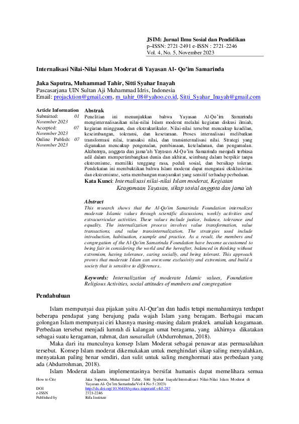 (PDF) Internalisasi Nilai-Nilai Islam Moderat di Yayasan Al-Qo’im Samarinda