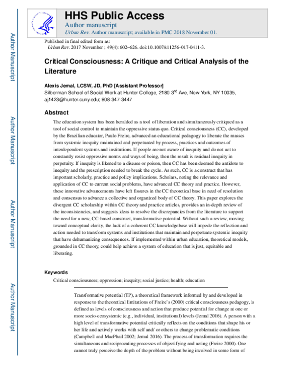 (PDF) Critical Consciousness: A Critique and Critical Analysis of the ...