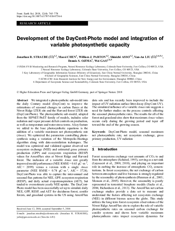 (PDF) Development of the DayCent-Photo model and integration of ...