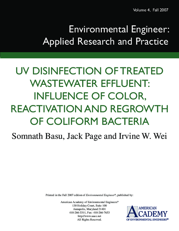 (PDF) Uv Disinfection of Treated Wastewater Effluent: Influence of ...