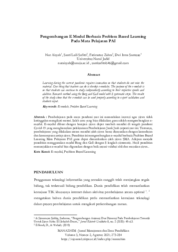 (PDF) Pengembangan E-Modul dengan Model Problem Based Learning pada Mata Pelajaran PAI | Nur ...