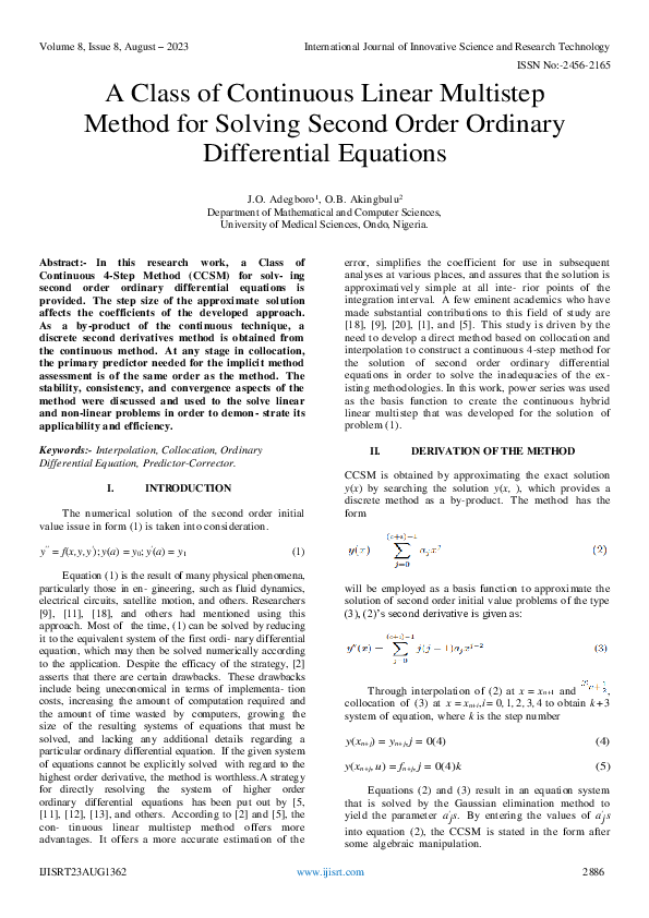 (PDF) A Class of Continuous Linear Multistep Method for Solving Second Order Ordinary ...