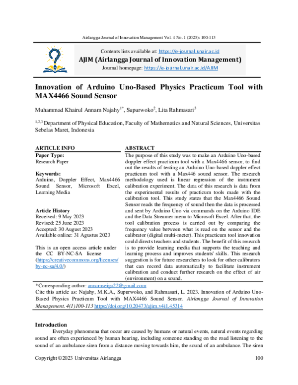 (PDF) Innovation of Arduino Uno-Based Physics Practicum Tool with MAX4466 Sound Sensor