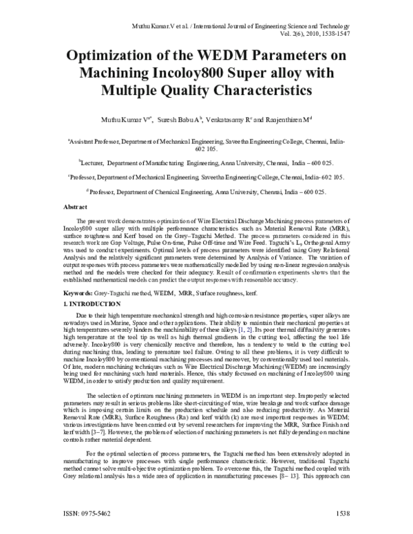 (PDF) Optimization of the WEDM Parameters on Machining Incoloy800 Super alloy with Multiple ...