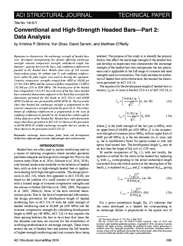 (PDF) Conventional and High-Strength Headed Bars—Part 1: Anchorage Tests