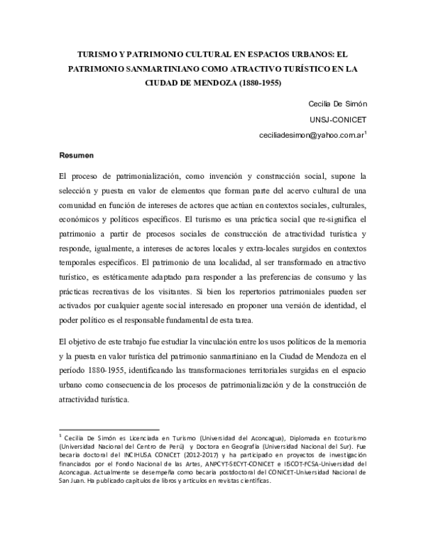 (PDF) TURISMO Y PATRIMONIO CULTURAL EN ESPACIOS URBANOS: EL PATRIMONIO SANMARTINIANO COMO ...