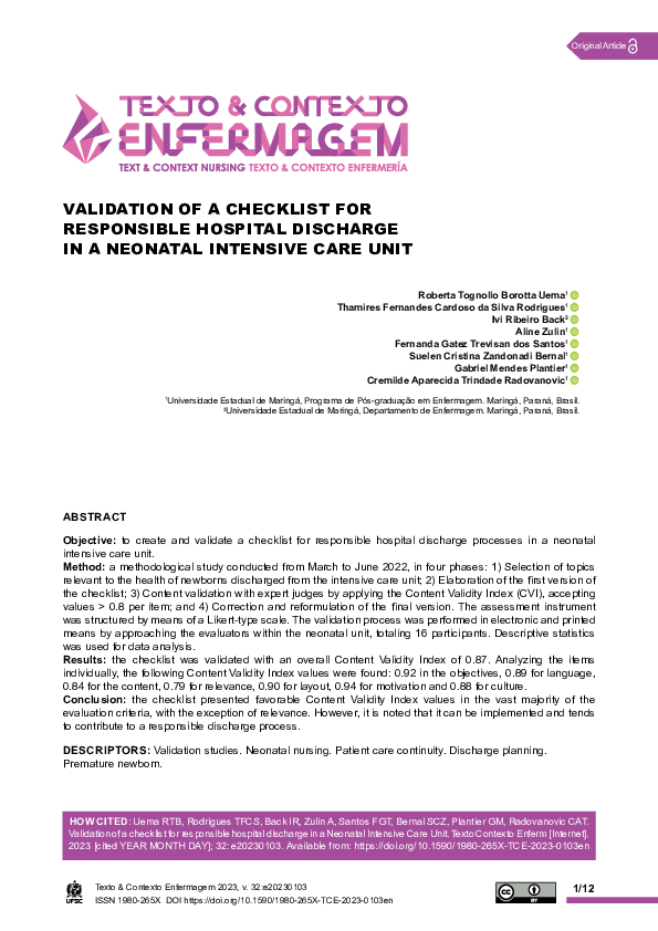 (PDF) Validation of a Checklist for Responsible Hospital Discharge in a ...