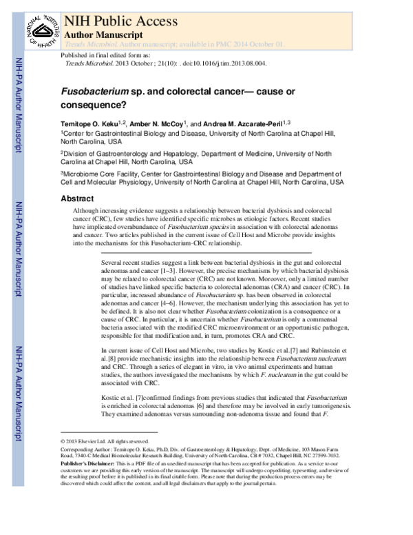 Pdf Fusobacterium Spp And Colorectal Cancer Cause Or Consequence