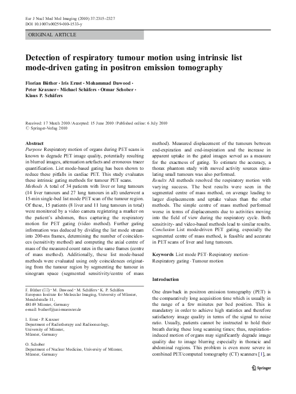 (PDF) Detection of respiratory tumour motion using intrinsic list mode-driven gating in positron ...