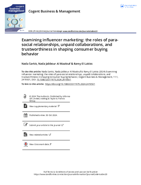 (PDF) Examining influencer marketing: the roles of parasocial relationships, unpaid ...