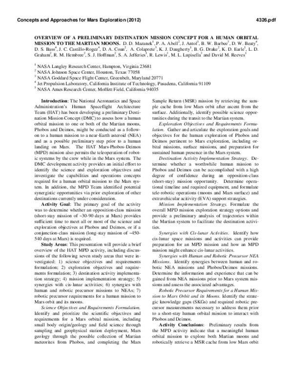 (PDF) Overview of a Preliminary Destination Mission Concept for a Human ...