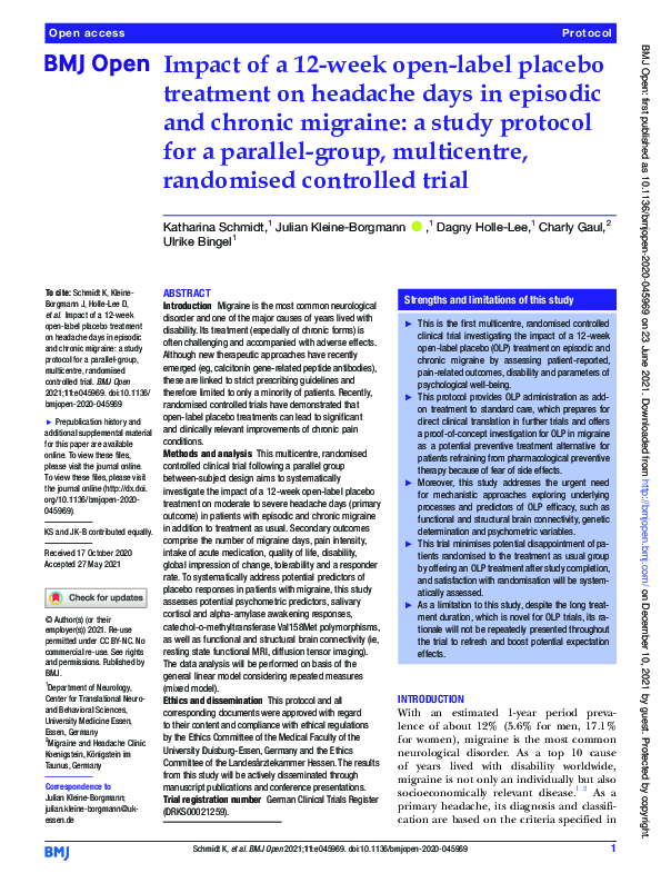 (PDF) Impact of a 12-week open-label placebo treatment on headache days ...