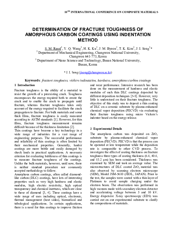(PDF) Determination of Fracture Toughness of Amorphous Carbon Coatings Using Indentation Method