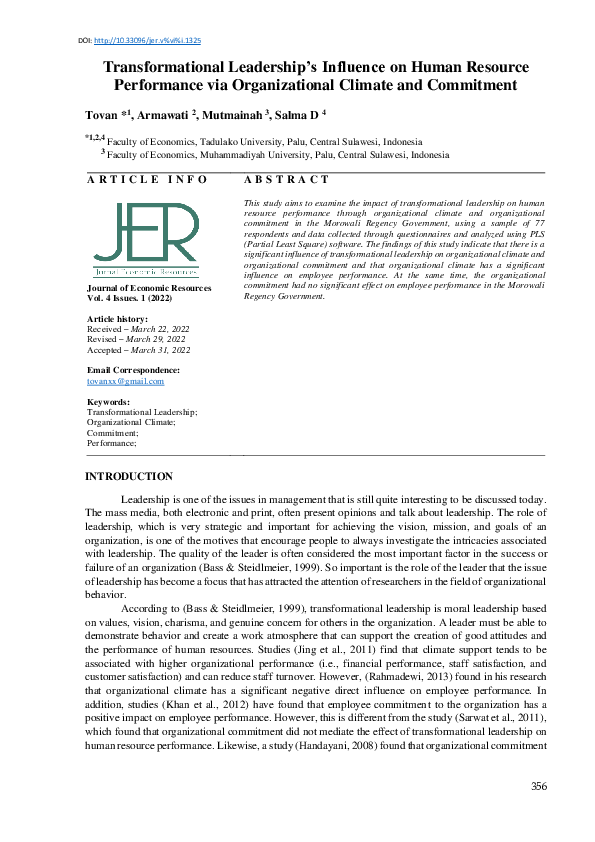 (PDF) Transformational Leadership's Influence on Human Resource Performance via Organizational ...