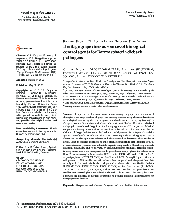 (PDF) Heritage grapevines as sources of biological control agents for Botryosphaeria dieback ...