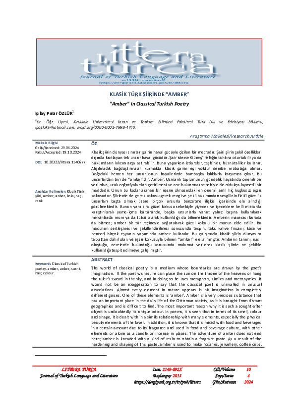 (PDF) KLASİK TÜRK ŞİİRİNDE "AMBER" "Amber" in Classical Turkish Poetry