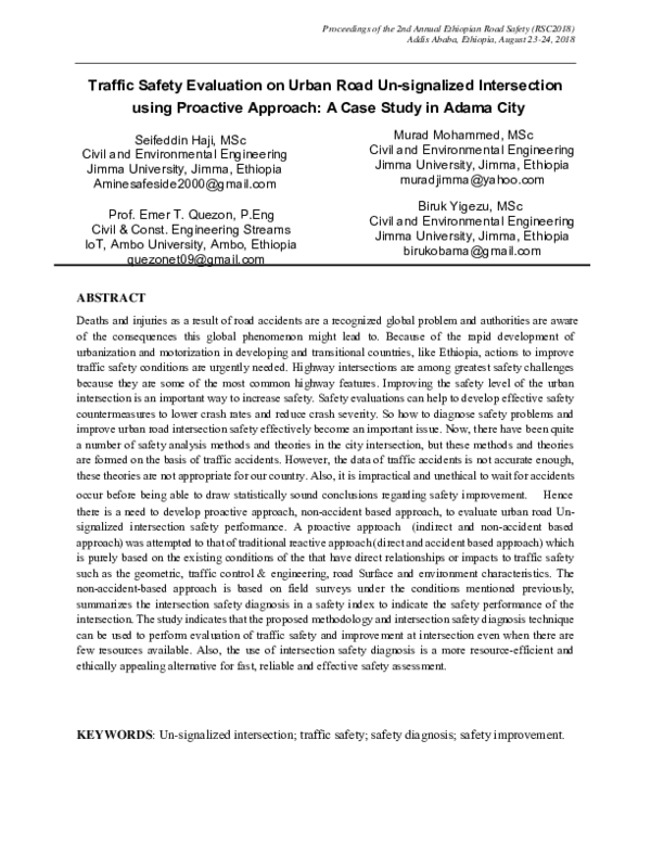 (PDF) Traffic Safety Evaluation on Urban Road Un-signalized Intersection using Proactive ...