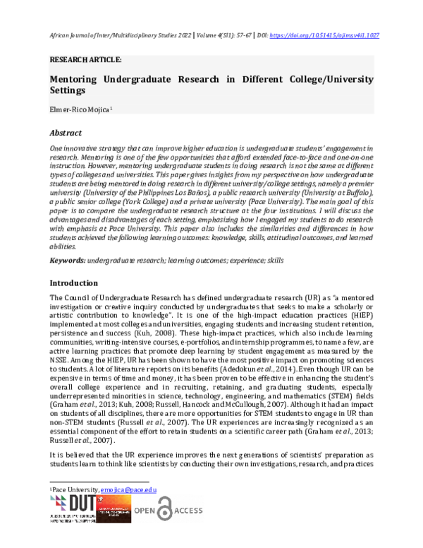 (PDF) Mentoring Undergraduate Research in Different College/University ...