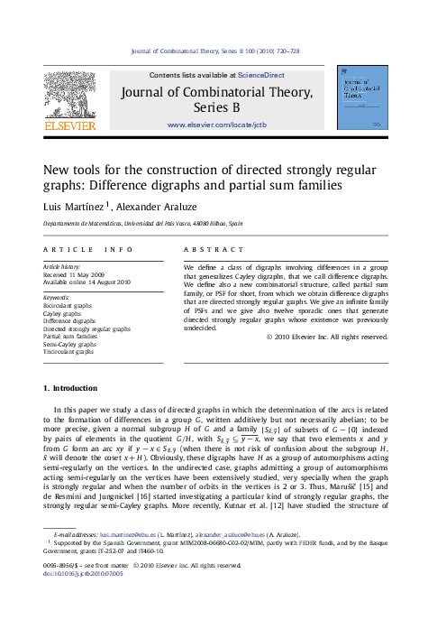 (PDF) New tools for the construction of directed strongly regular graphs: Difference digraphs ...