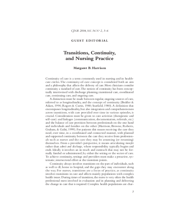 (PDF) Transitions, continuity, and nursing practice