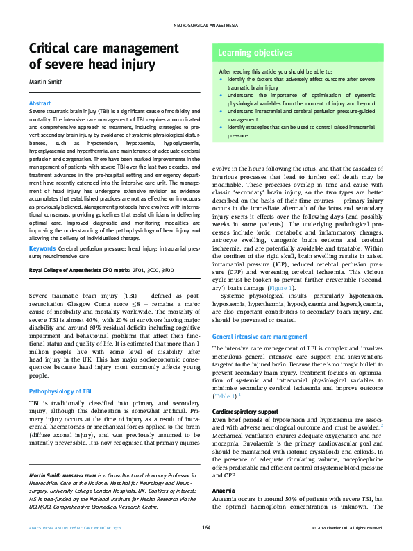 (PDF) Critical care management of severe head injury