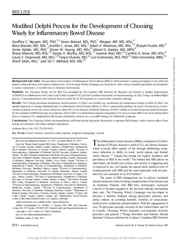 (PDF) Delphi-Based Choosing Wisely Recommendations for IBD Care