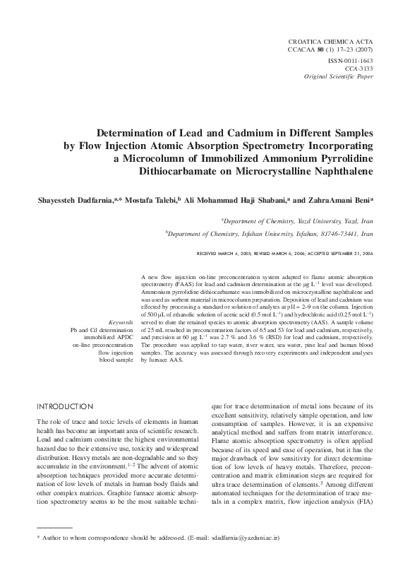 Pdf Determination Of Lead And Cadmium In Different Samples By Flow Injection Atomic Absorption