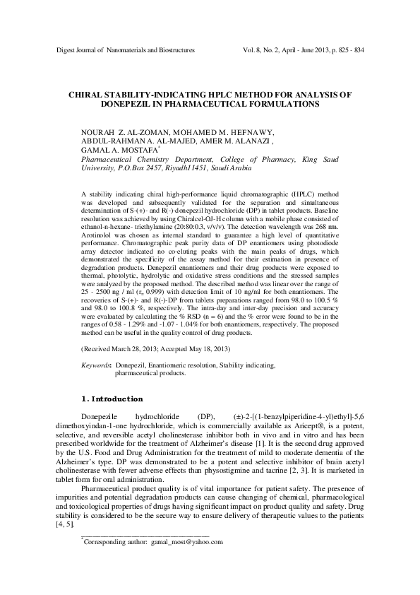 (PDF) Chiral Stability-Indicating HPLC Method for Analysis of Donepezil ...