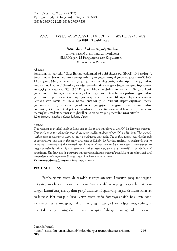 (PDF) Analisi Gaya Bahasa Antologi Puisi Siswa Kelas XI SMA Negeri 13 Pangkep