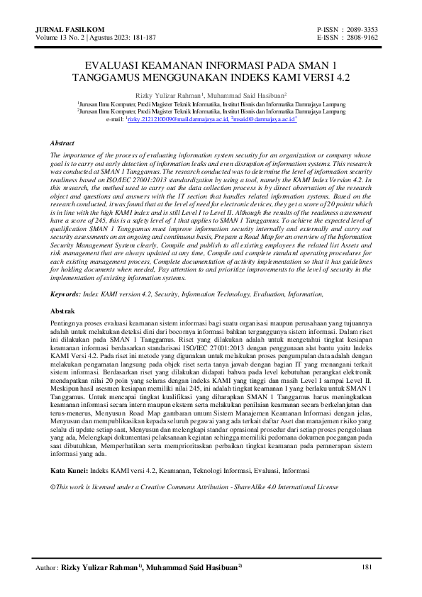 (PDF) Evaluasi Keamanan Informasi Pada Sman 1 Xyz Menggunakan Indeks Kami Versi 4.2