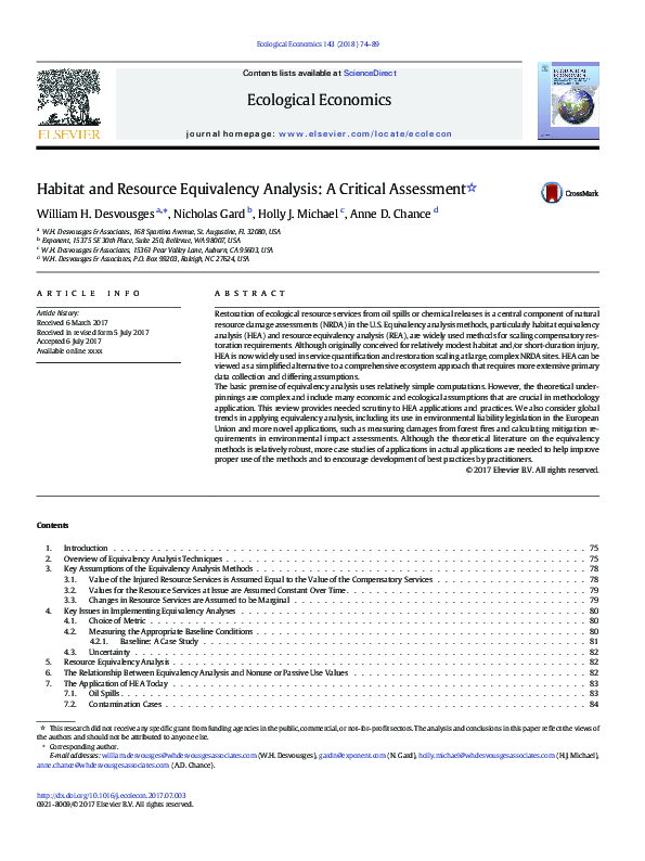 (PDF) Habitat and Resource Equivalency Analysis: A Critical Assessment