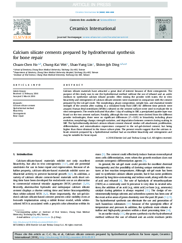 (PDF) Calcium silicate cements prepared by hydrothermal synthesis for ...