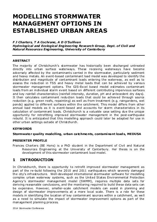 (PDF) Modelling Stormwater Management Options in Established Urban Areas