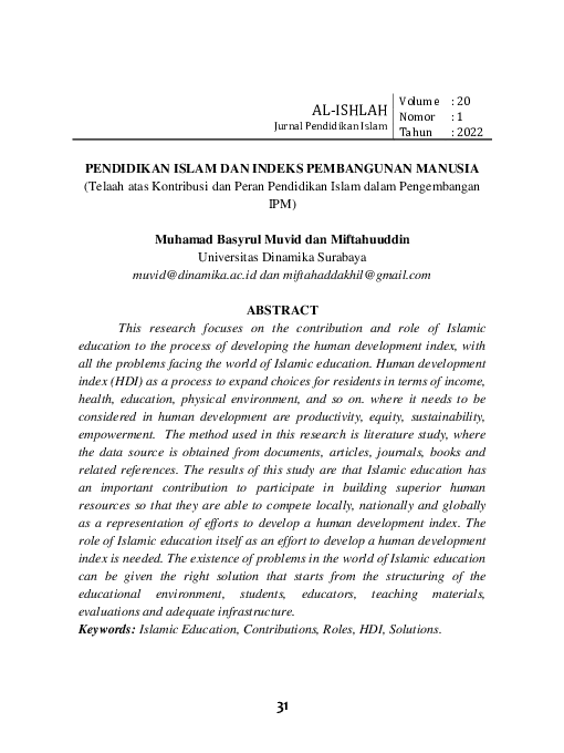 (PDF) Pendidikan Islam dan Indeks Pembangunan Manusia (Telaah atas Kontribusi dan Peran ...