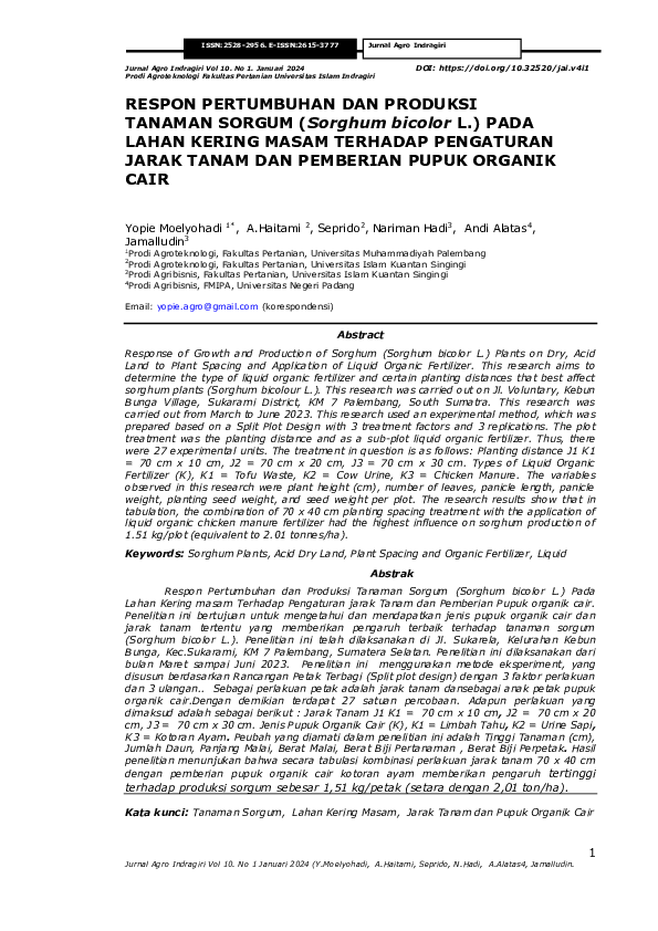 (PDF) RESPON PERTUMBUHAN DAN PRODUKSI TANAMAN SORGUM (Sorghum bicolor L.) PADA LAHAN KERING ...