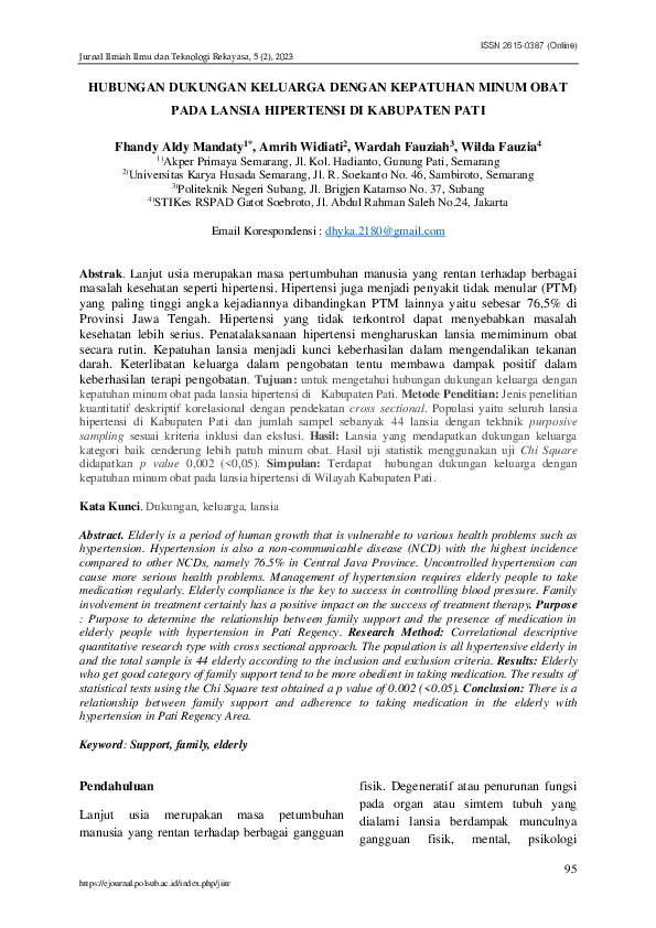 (PDF) Hubungan Dukungan Keluarga dengan Kepatuhan Minum Obat pada Lansia Hipertensi di Kabupaten ...
