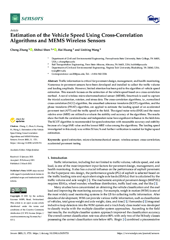 Pdf Estimation Of The Vehicle Speed Using Cross Correlation Algorithms And Mems Wireless Sensors