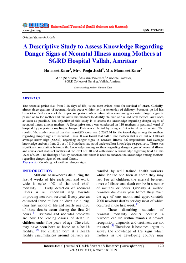 (PDF) A Descriptive Study to Assess Knowledge Regarding Danger Signs of ...