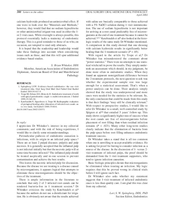 (PDF) Single- versus 2-visit endodontic therapy