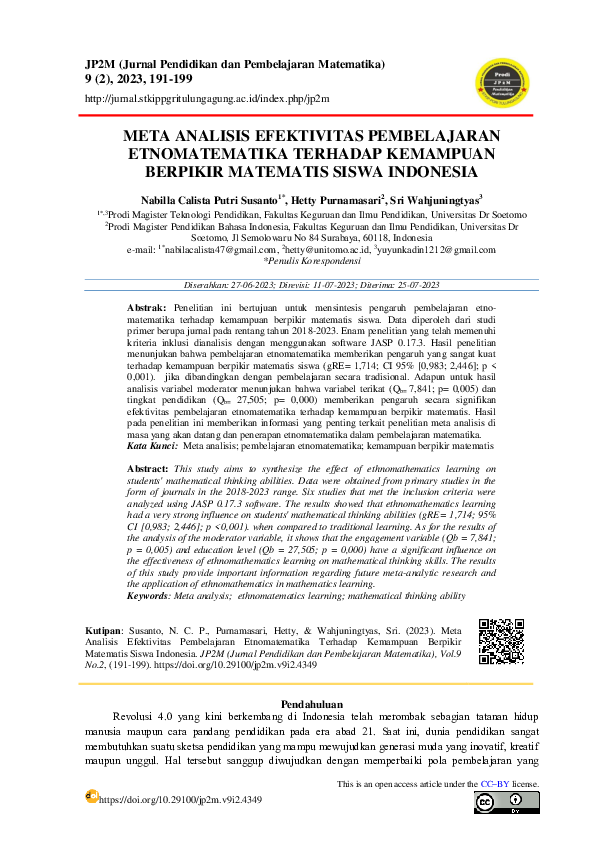 (PDF) Meta Analisis Efektivitas Pembelajaran Etnomatematika Terhadap Kemampuan Berpikir ...