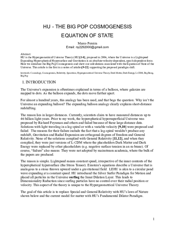 (PDF) HU -THE BIG POP COSMOGENESIS EQUATION OF STATE
